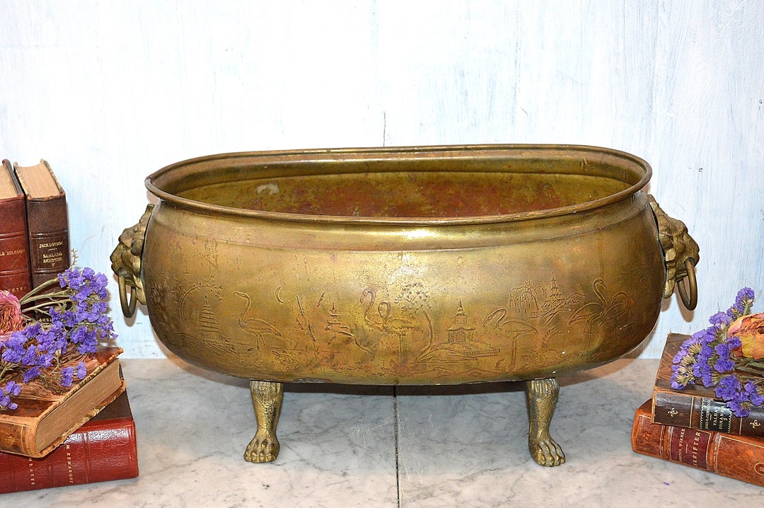 Antique Large Brass Planter Jardiniere Pot With Lion Head Etsy