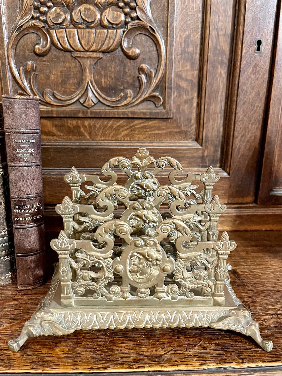 Antique French Brass Letter Holder Rack Cavaliers Winged Gargoyles ...