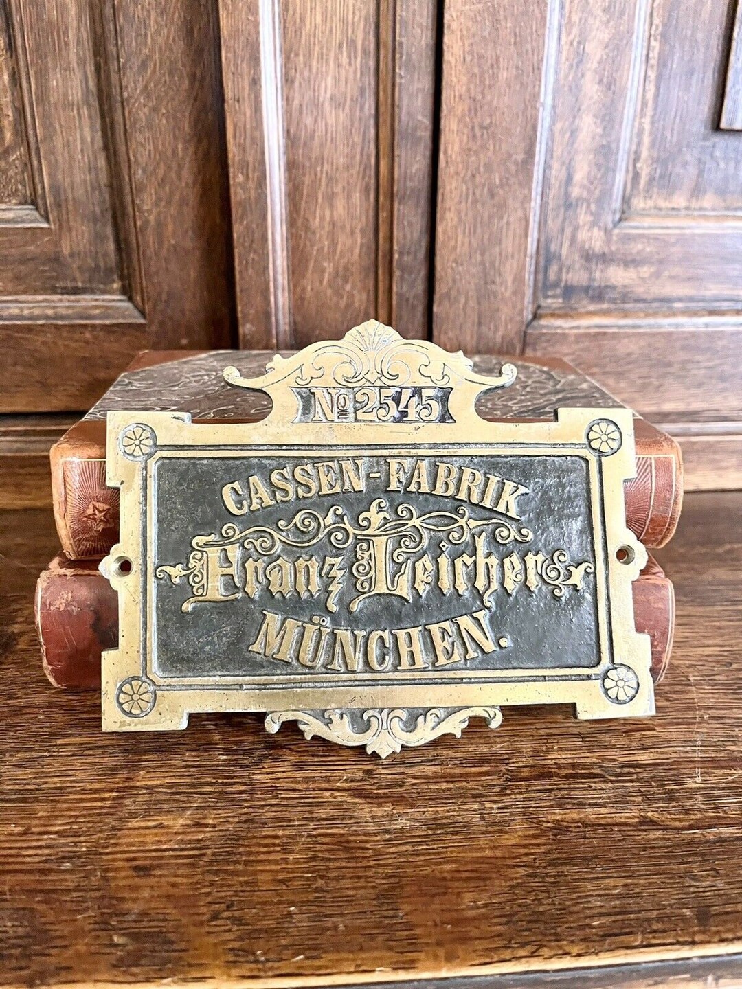 Rare Antique German Brass Safe Plaque Sign Franz Leicher Munchen Cassen ...