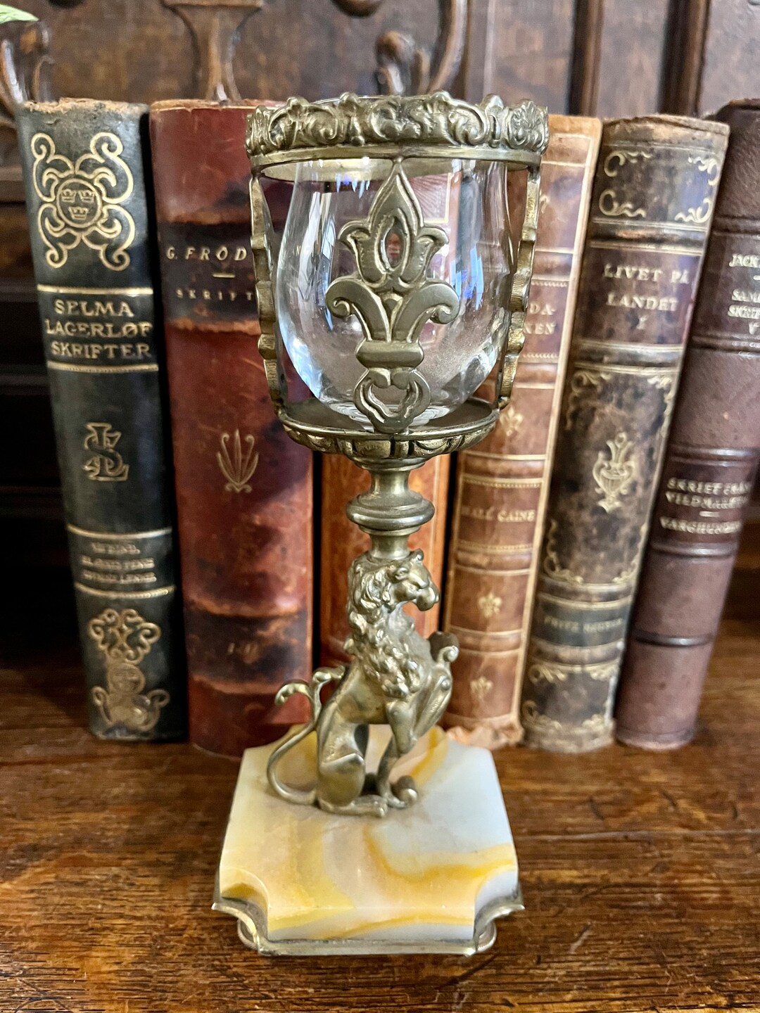 Antique French Lion Candle Holder Brass Alabaster Base Fleur De Lis - Etsy