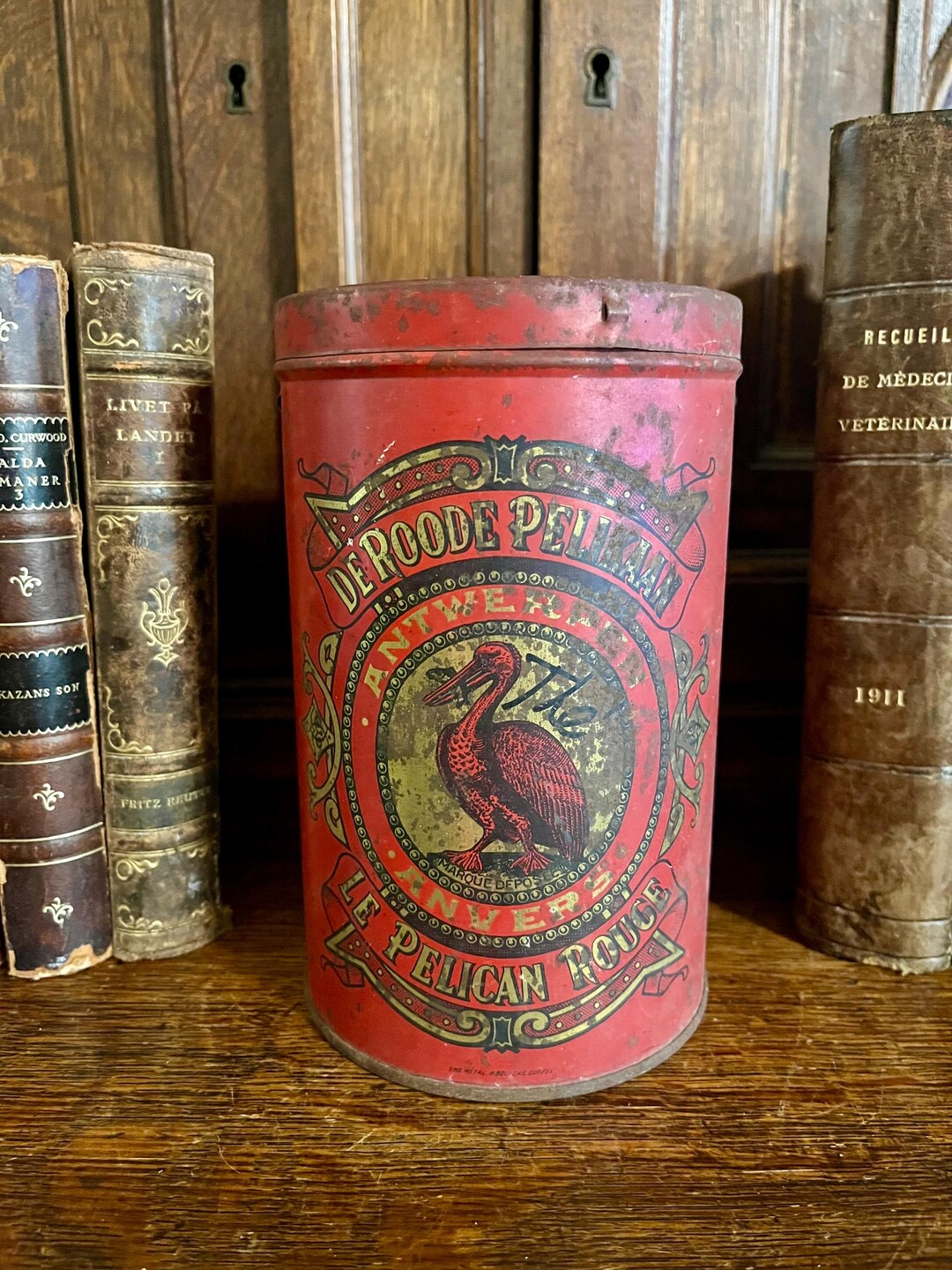 Antique Belgian Tea Tin Container Advertising De Roode Pelikaan Antwerp ...