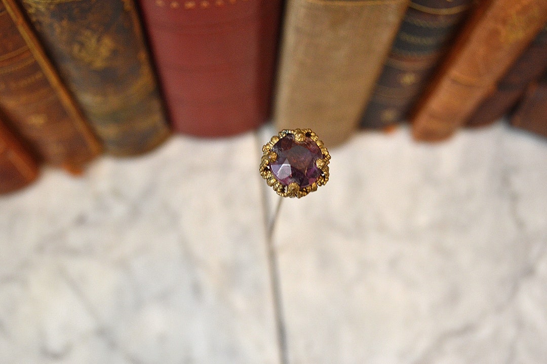 Antique Gilt Bronze Hat Pin Purple Amethyst Faceted Glass Stone Art ...