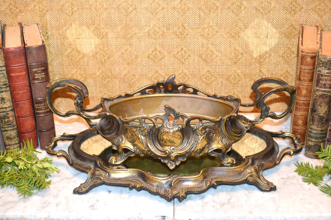 Antique Large Jardiniere Plateau Set French Art Nouveau Brass Footed ...
