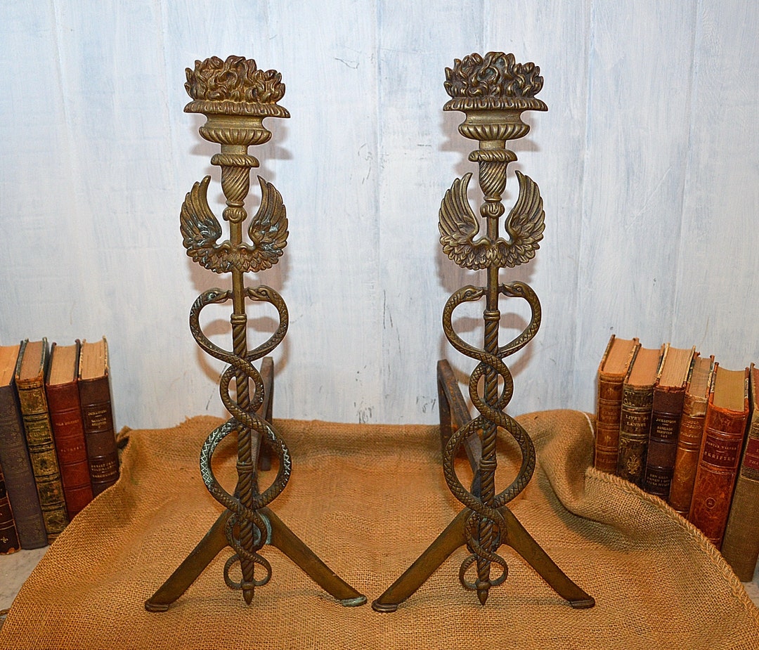 Antique Pair Caduceus Andirons Fireplace Accessory Medical Symbol ...