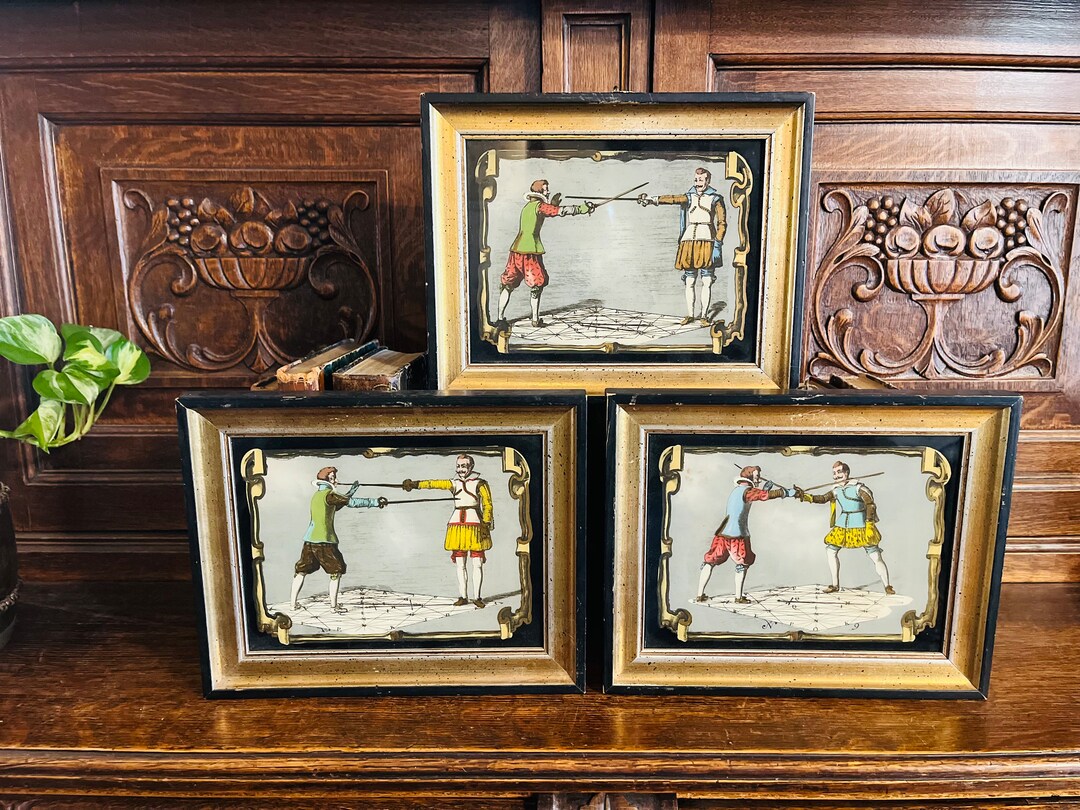 Antique Set of 3 Black Gilt Framed Art Lithos Lithograph Prints Men ...