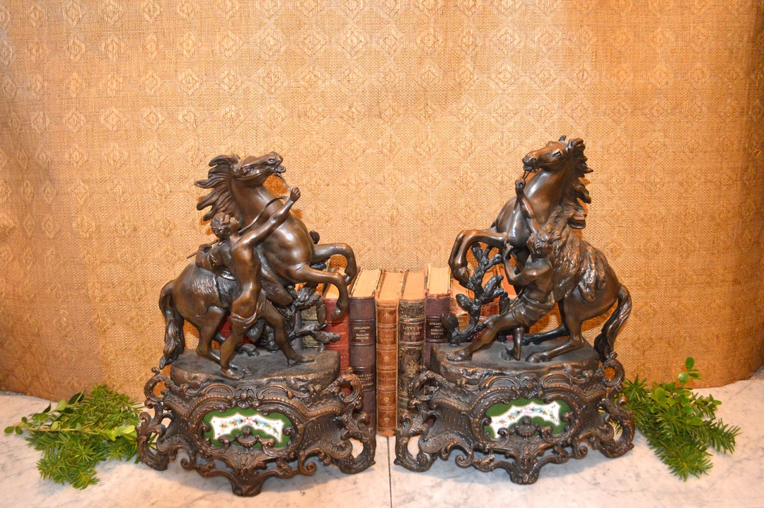 Antique Pair of French Marly Horses Spelter Porcelain Insets Guillaume ...