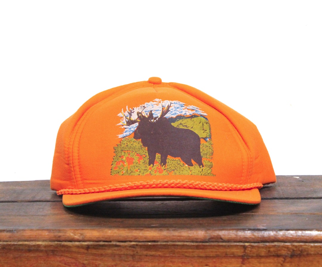 Vintage Blaze Orange Moose Wildlife Hunting Animal Snapback Trucker Hat ...