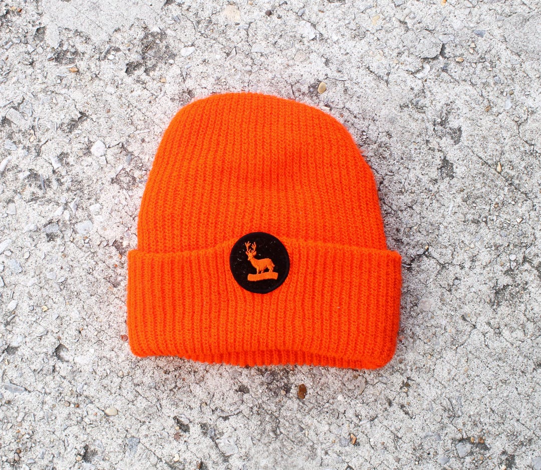 Vintage Blaze Orange Deer Hunting Patch Buck Beanie Knit Ski Warm ...