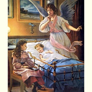 Angel Watches Over Ill Child in Crib. Religious. Angel Guardian at ...