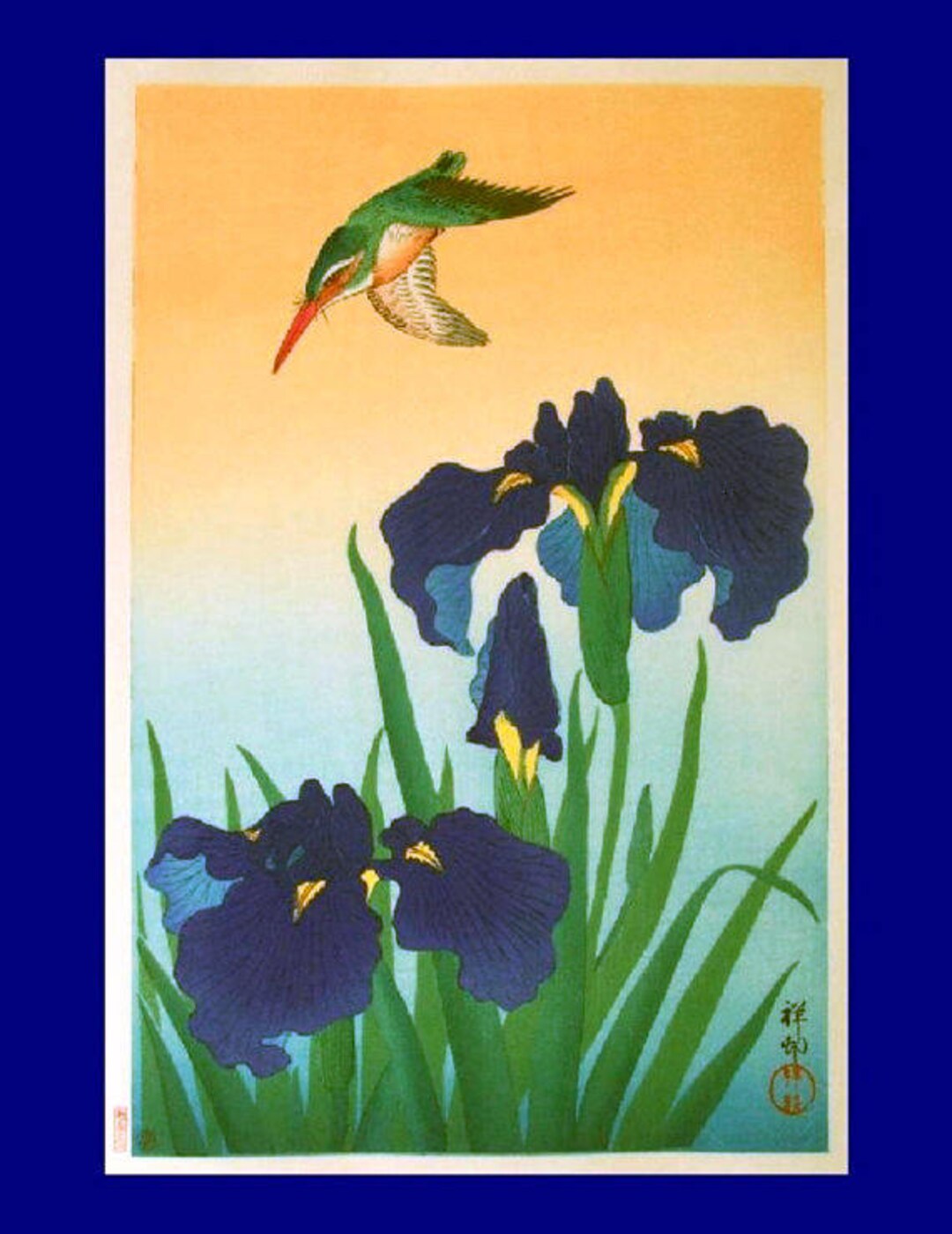 Vintage, Asian, Hummingbird, Blue Iris, Flora, Birds, Antique Floral ...