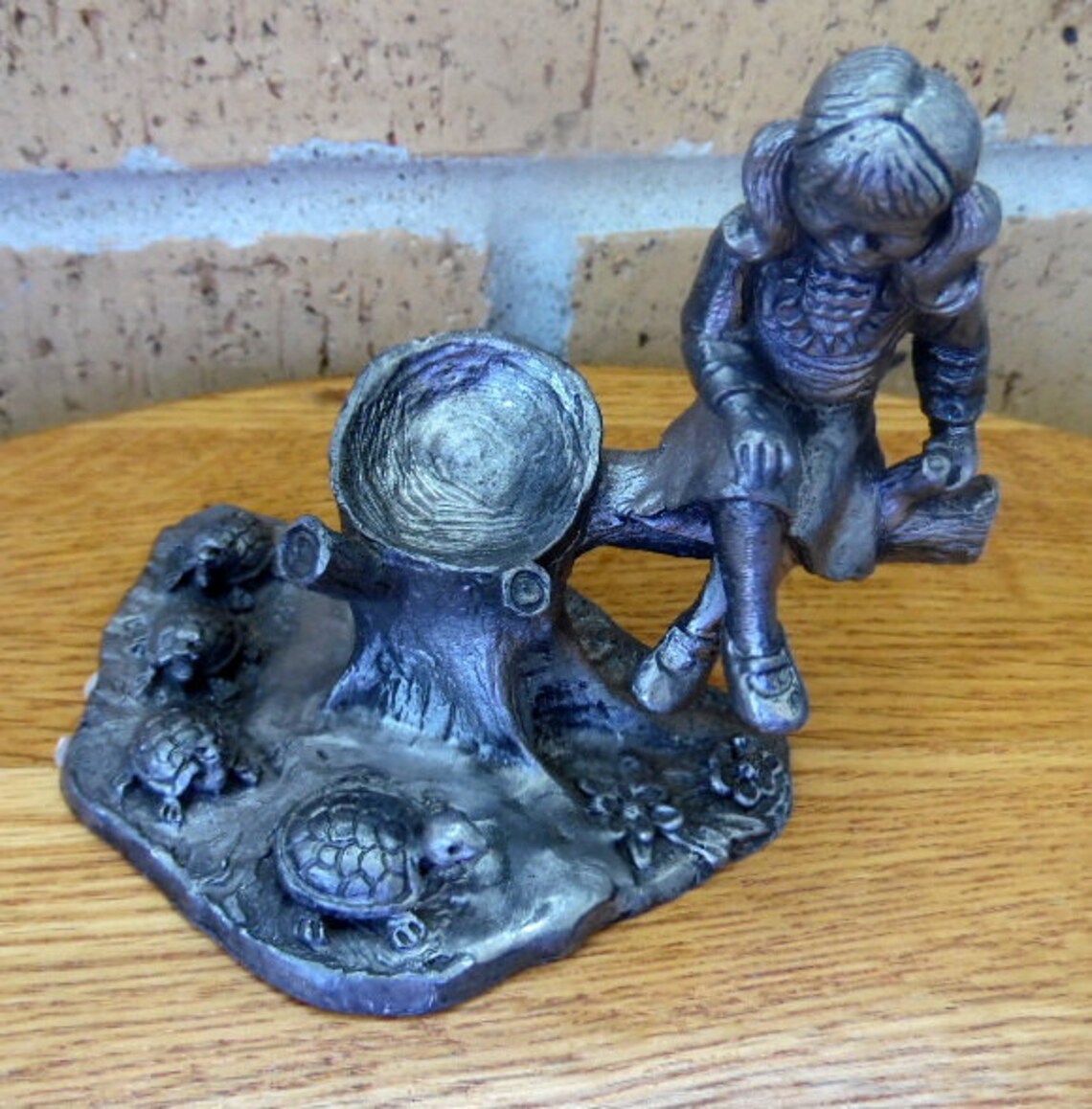 Solid Pewter Statuette Little Girl Sitting on Log Turtles - Etsy