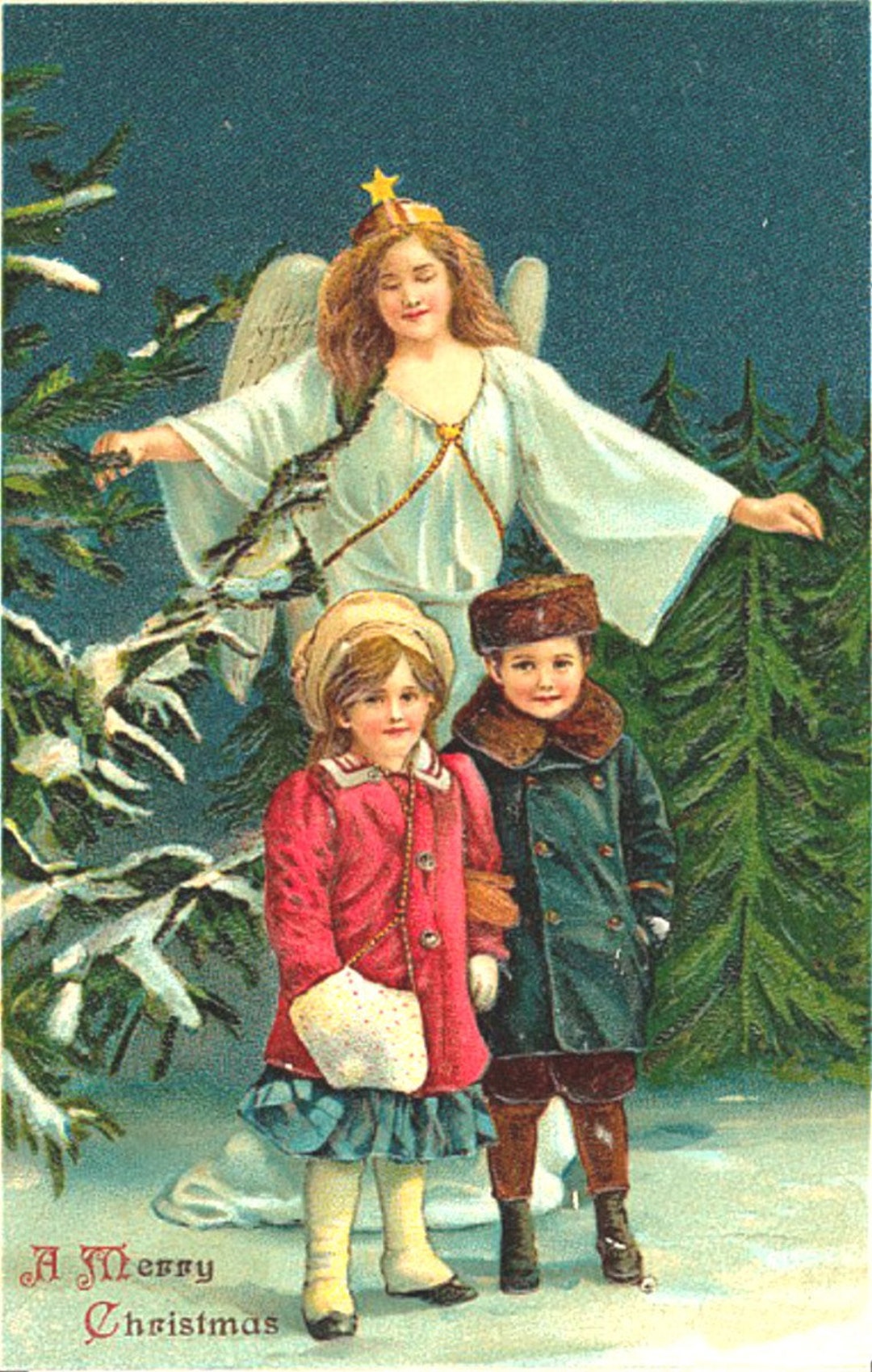 Angel Watching Over Two Children, Christmas Art Print, Holiday Wall ...