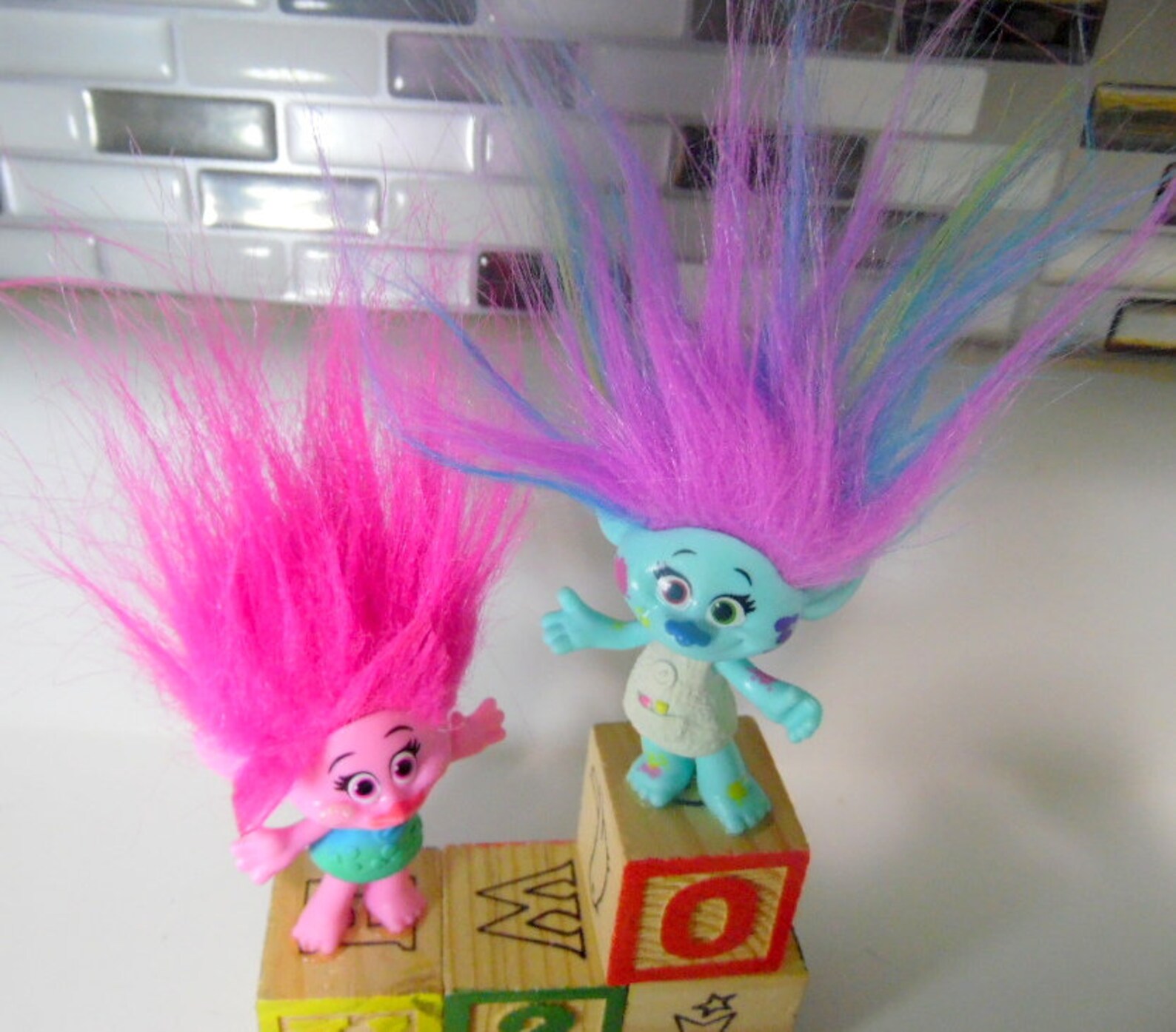 Hand Made TROLLS, Fast Food Toy Display With Vintage Wooden Blocks ...
