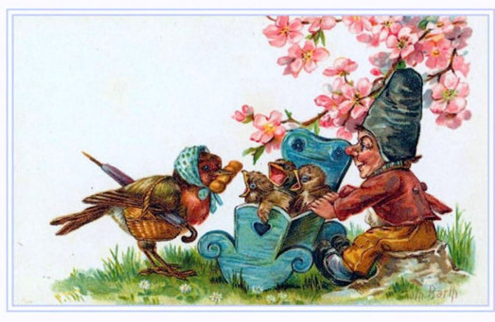 Birds and Gnome in Garden, Mother Bird Priny,gnomes in Art, 8x10 ...