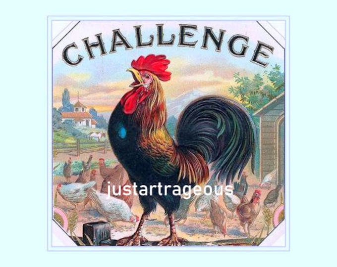 Challenge Label, Rooster, Farm, Chickens in the Background., Vintage ...