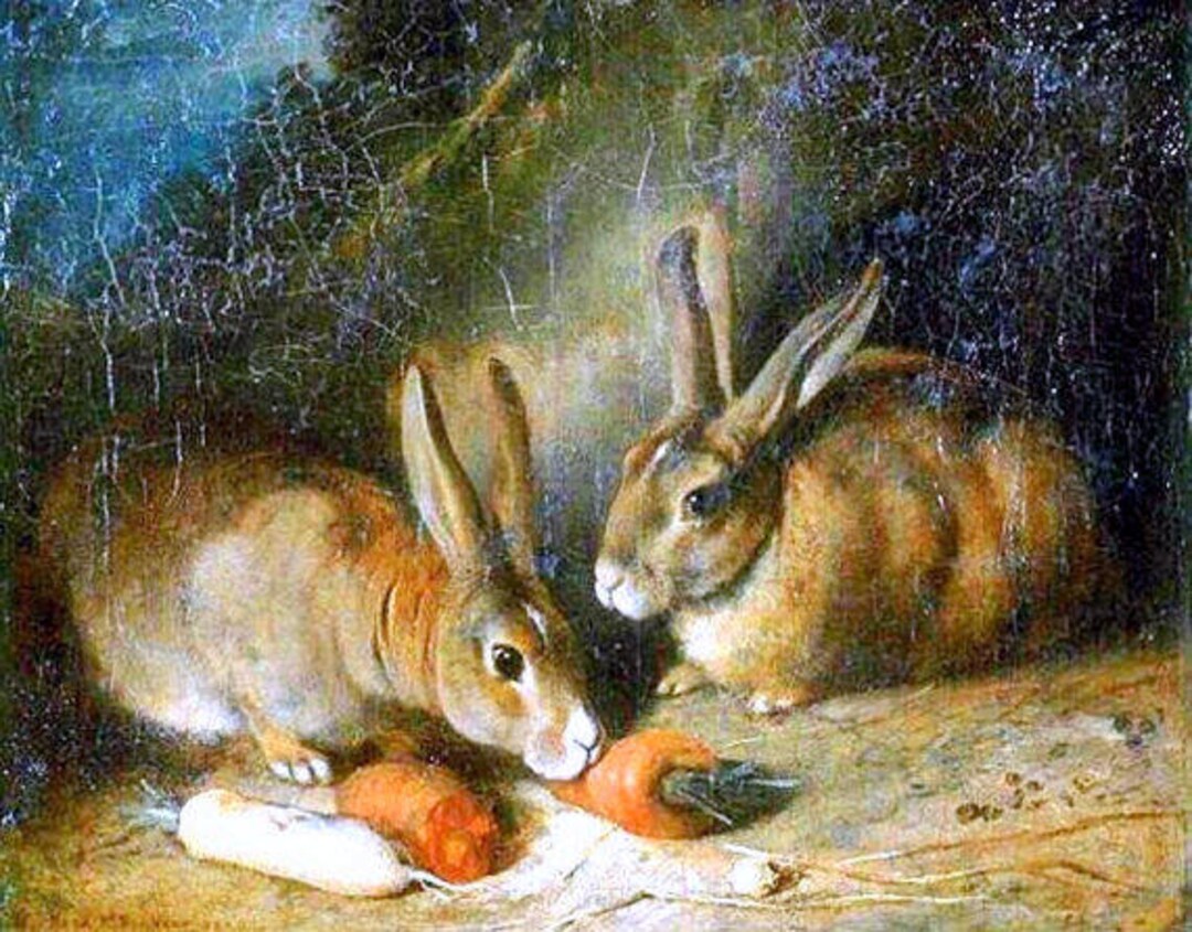 Animal-woodland-rabbit-painting. Rabbits Eating Carrots and Turnips ...