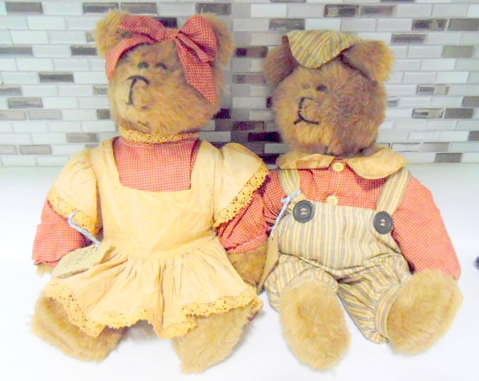 Pair 15" Vintage Teddy Bear Couple in Tea Dyed Clothing, Collector ...