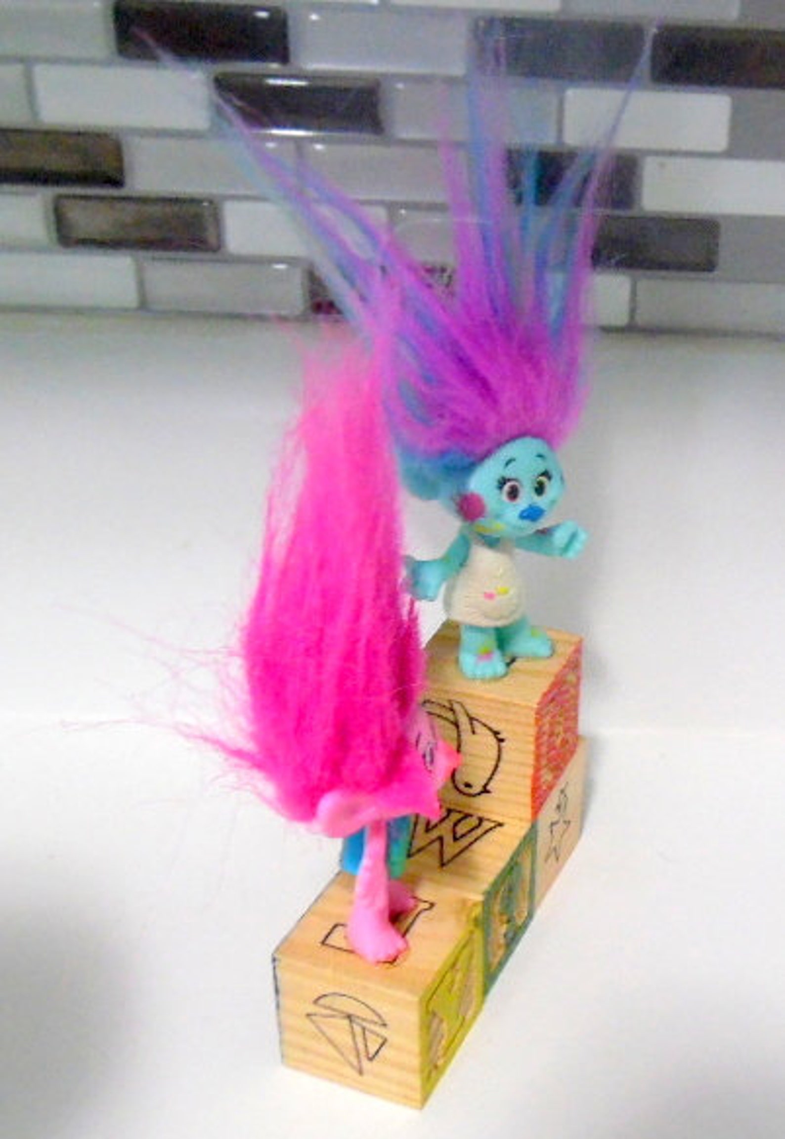 Hand Made TROLLS, Fast Food Toy Display With Vintage Wooden Blocks ...