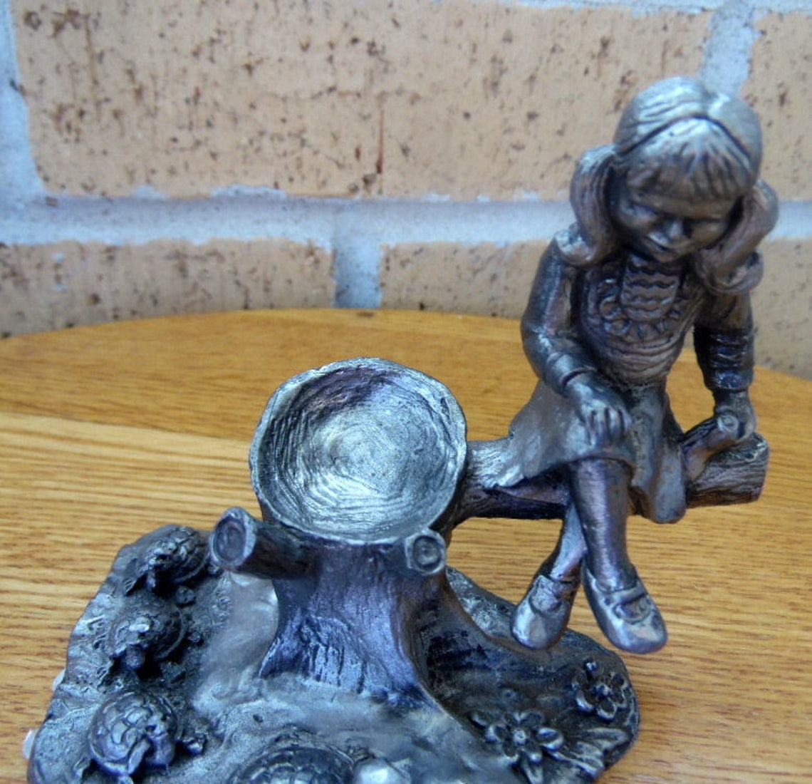 Solid Pewter Statuette Little Girl Sitting on Log Turtles - Etsy
