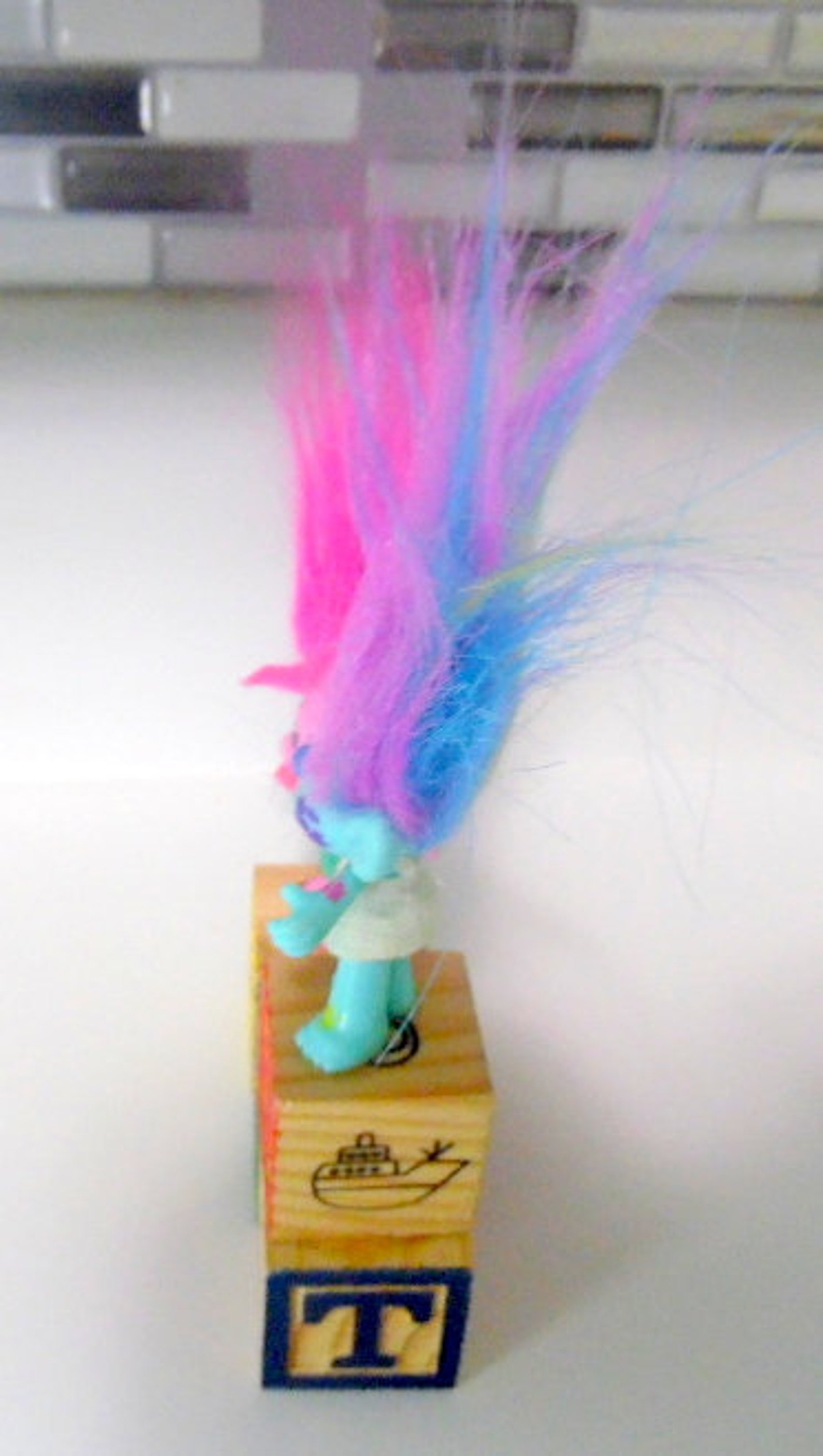 Hand Made TROLLS, Fast Food Toy Display With Vintage Wooden Blocks ...