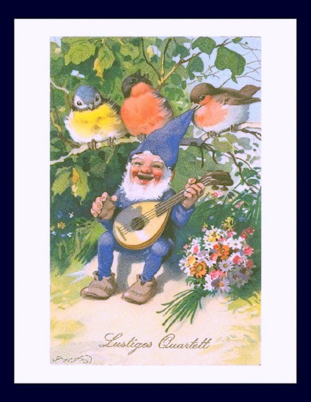 Lustiges Quartett, Gnome Playing Lute, Singing With Birds, Germany ...