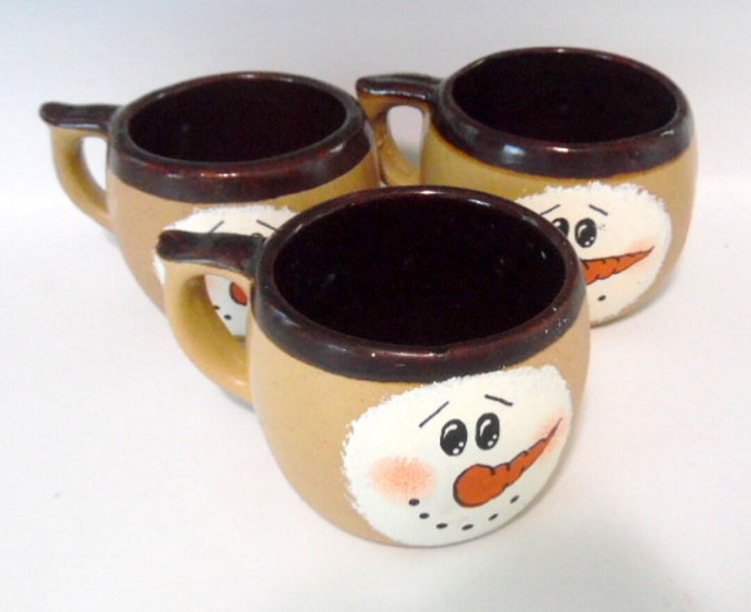3 Jolly Snowman Hand Painted Coffee Mugs, Camel Color With Brown Drip ...