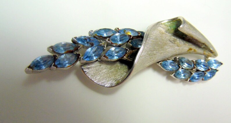 Brushed Silver Scroll Shaped Brooch With Deep Blue Rhinestones - Etsy
