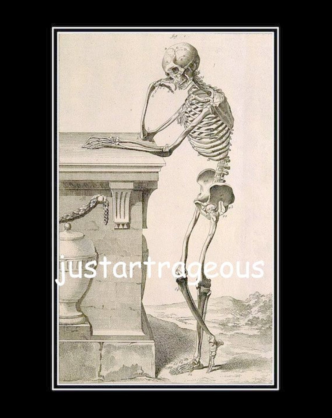 Skeleton Leaning Against a Tomb, Antique Print, Skull, Day of the Dead ...