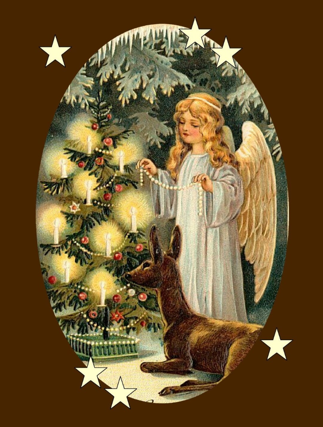 Angel, Oval With Stars, Deer, Candles, Christmas Tree. 8x10" Cotton ...