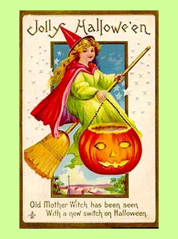 Jolly Halloween Old Mother Witch Riding Broom Pumpkin - Etsy