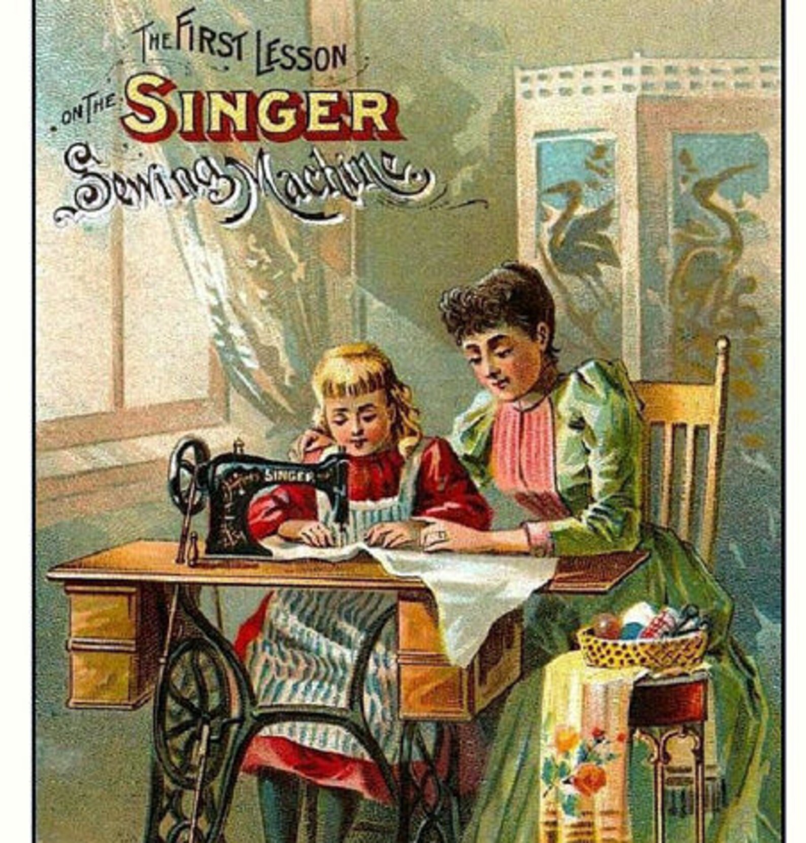 Singer Sewing Machine Advertisement, First Lesson, Craft Room Decor ...