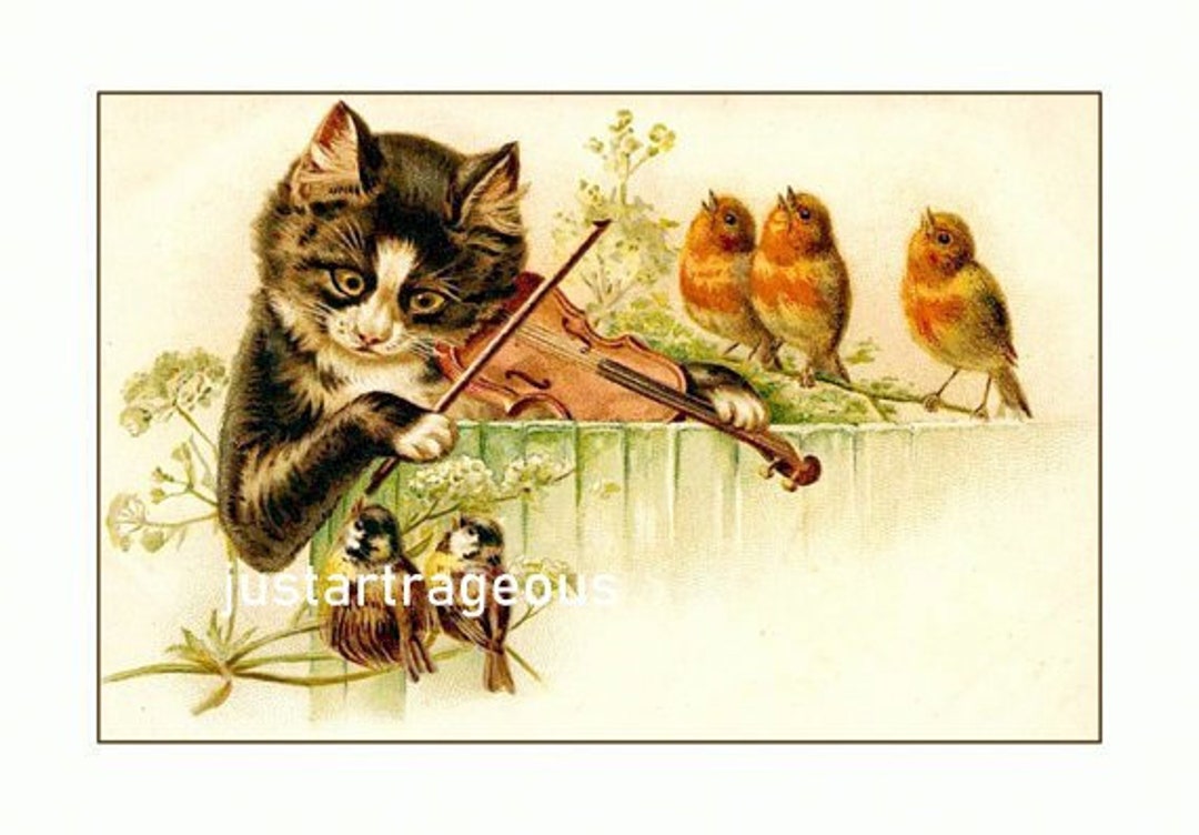 Cat Plays Violin Birds Chorus, Choir 8x10" Premium Poster Print Antique ...