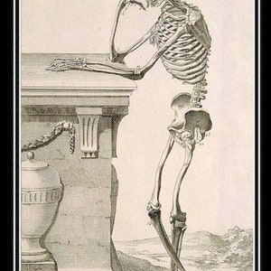 Skeleton Leaning Against a Tomb, Antique Print, Skull, Day of the Dead ...