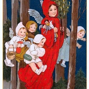 Flying Child Angels, Christmas Tree, Toys, Holiday Art Print, Vintage ...