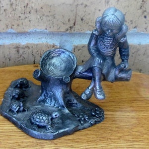 Solid Pewter Statuette, Little Girl Sitting on Log, Turtles, Very Nice ...