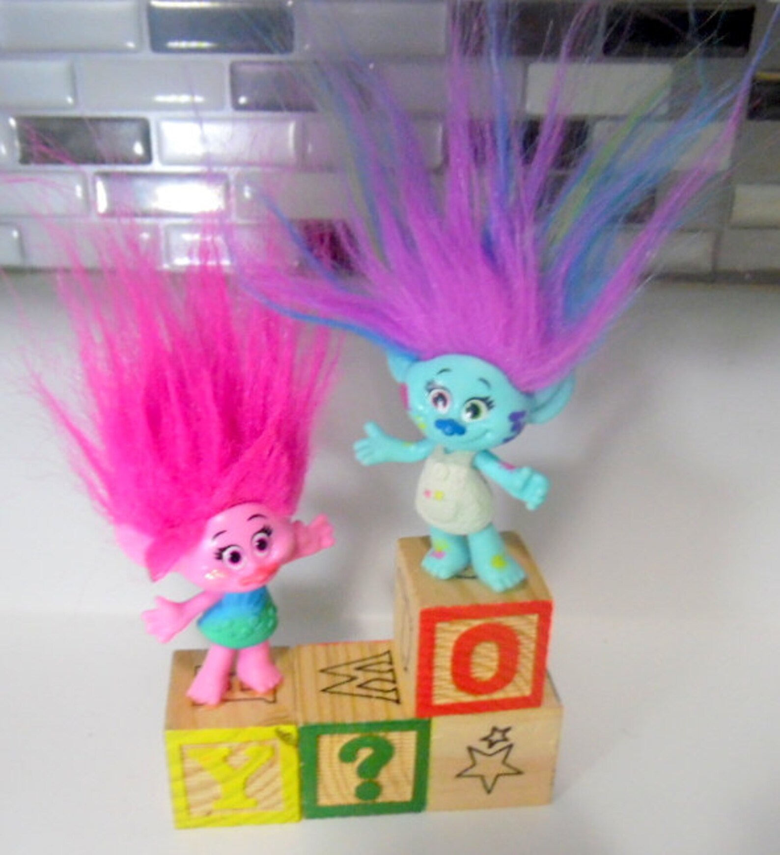 Hand Made TROLLS, Fast Food Toy Display With Vintage Wooden Blocks ...