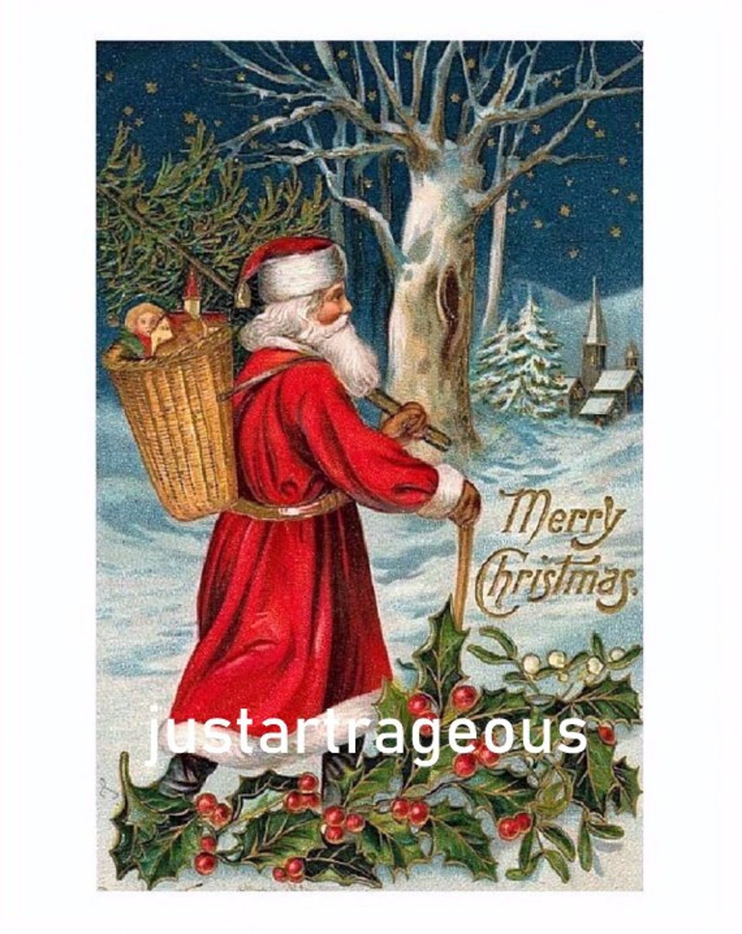 Victorian Christmas Print, 1800s Holiday Art,old World Santawoodland ...