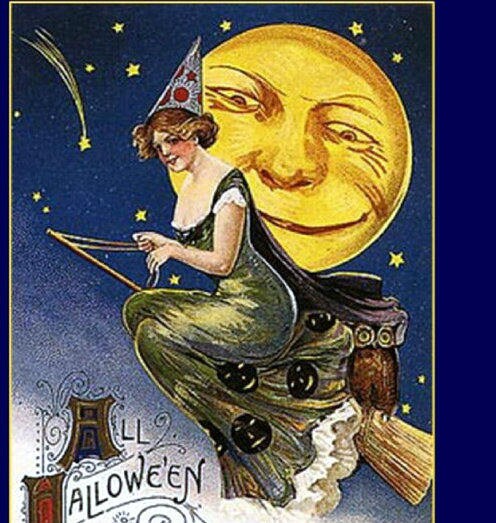 Halloween Witch Riding Broom Full Moon Holiday Art | Etsy