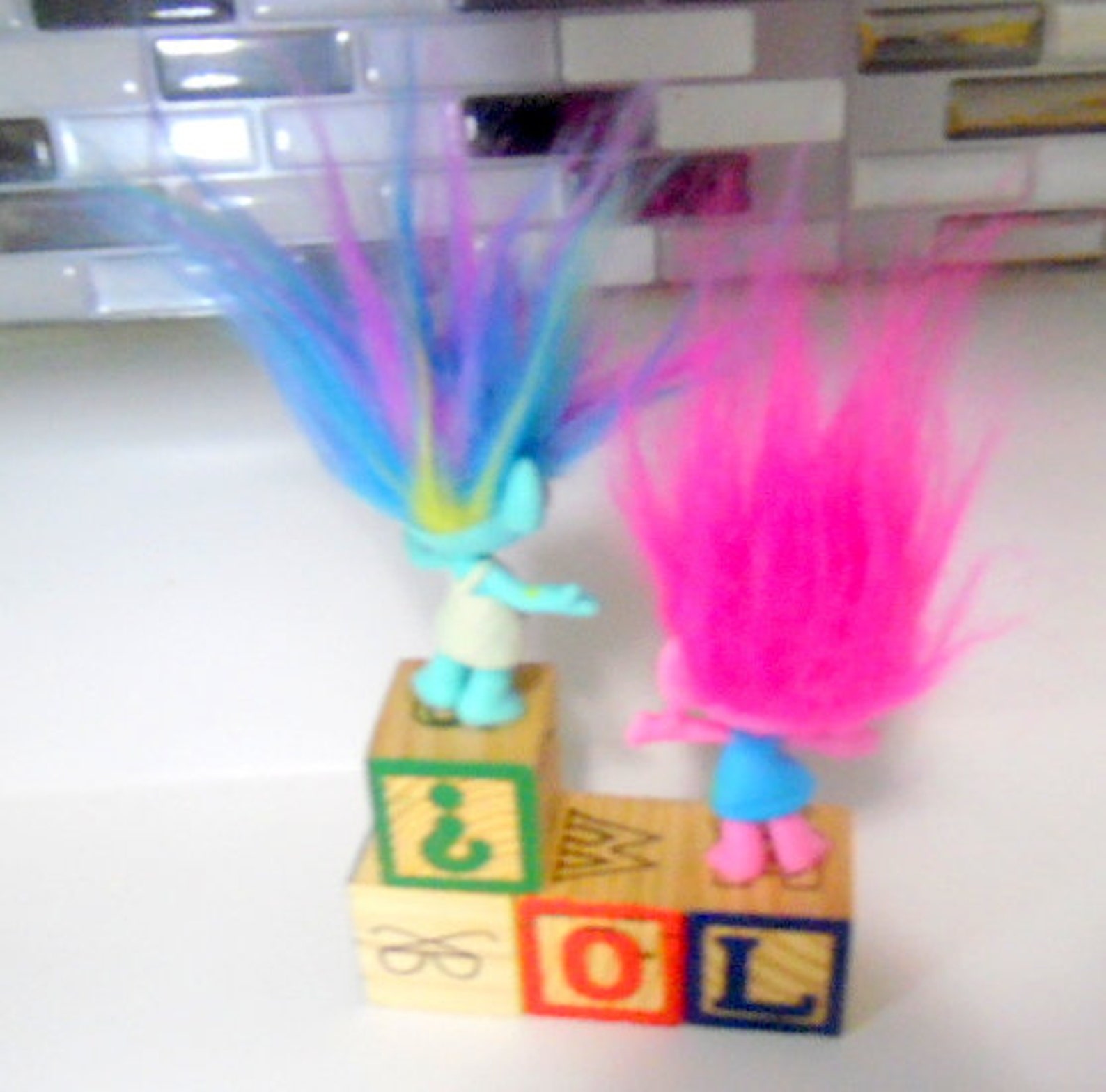 Hand Made TROLLS, Fast Food Toy Display With Vintage Wooden Blocks ...