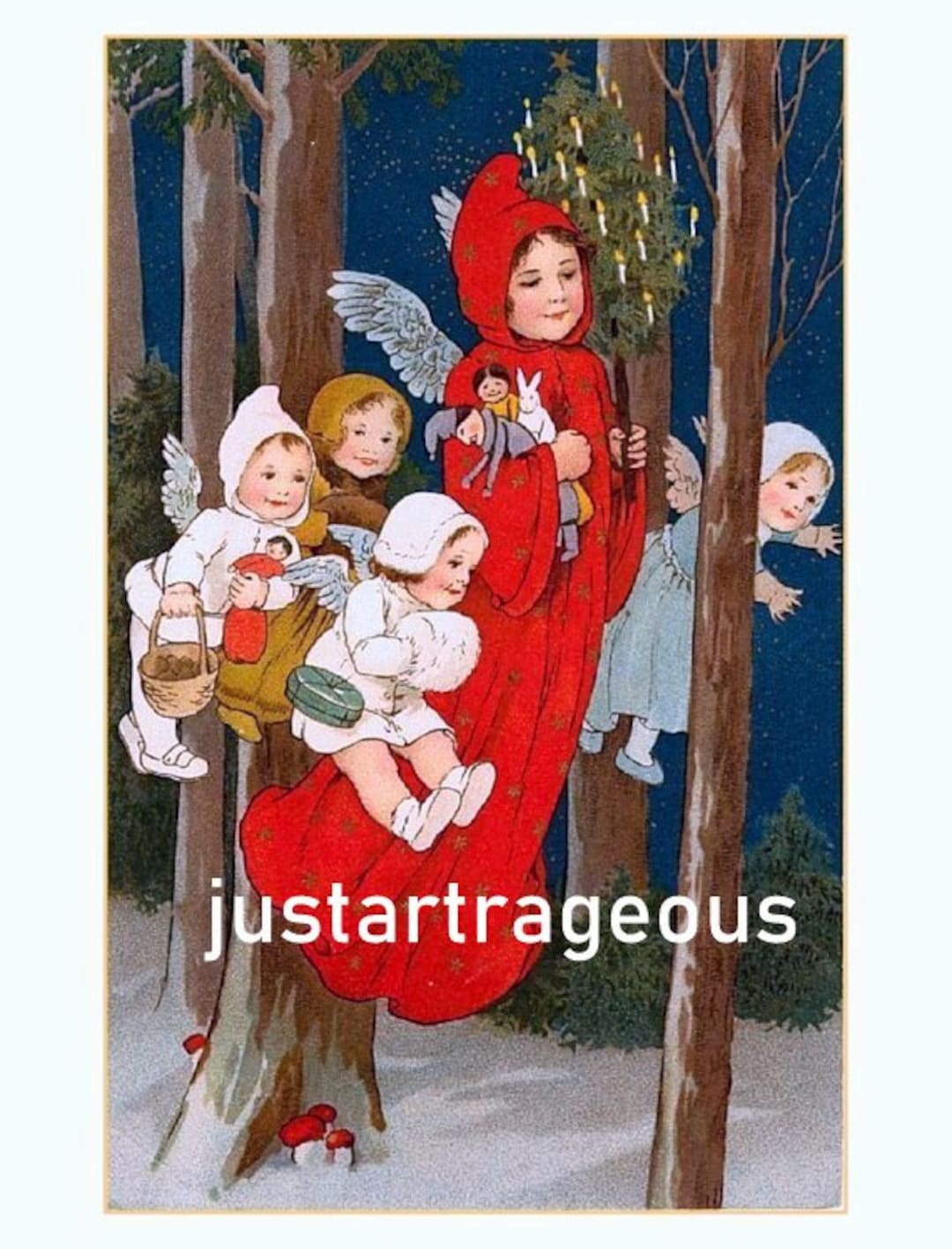 Flying Child Angels, Christmas Tree, Toys, Holiday Art Print, Vintage ...