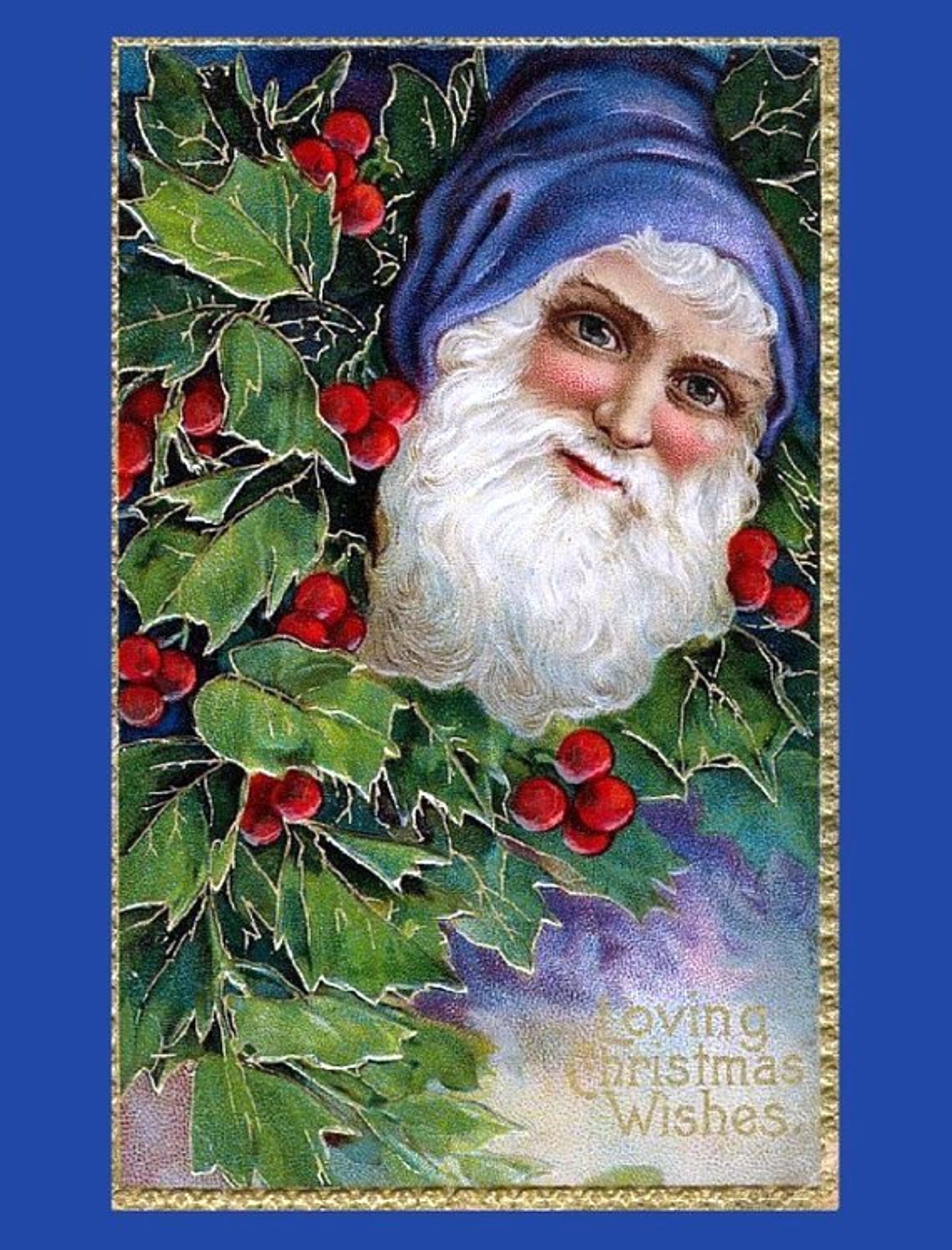 Old Santa Blue Hat Holly berry santa Christmas art print | Etsy