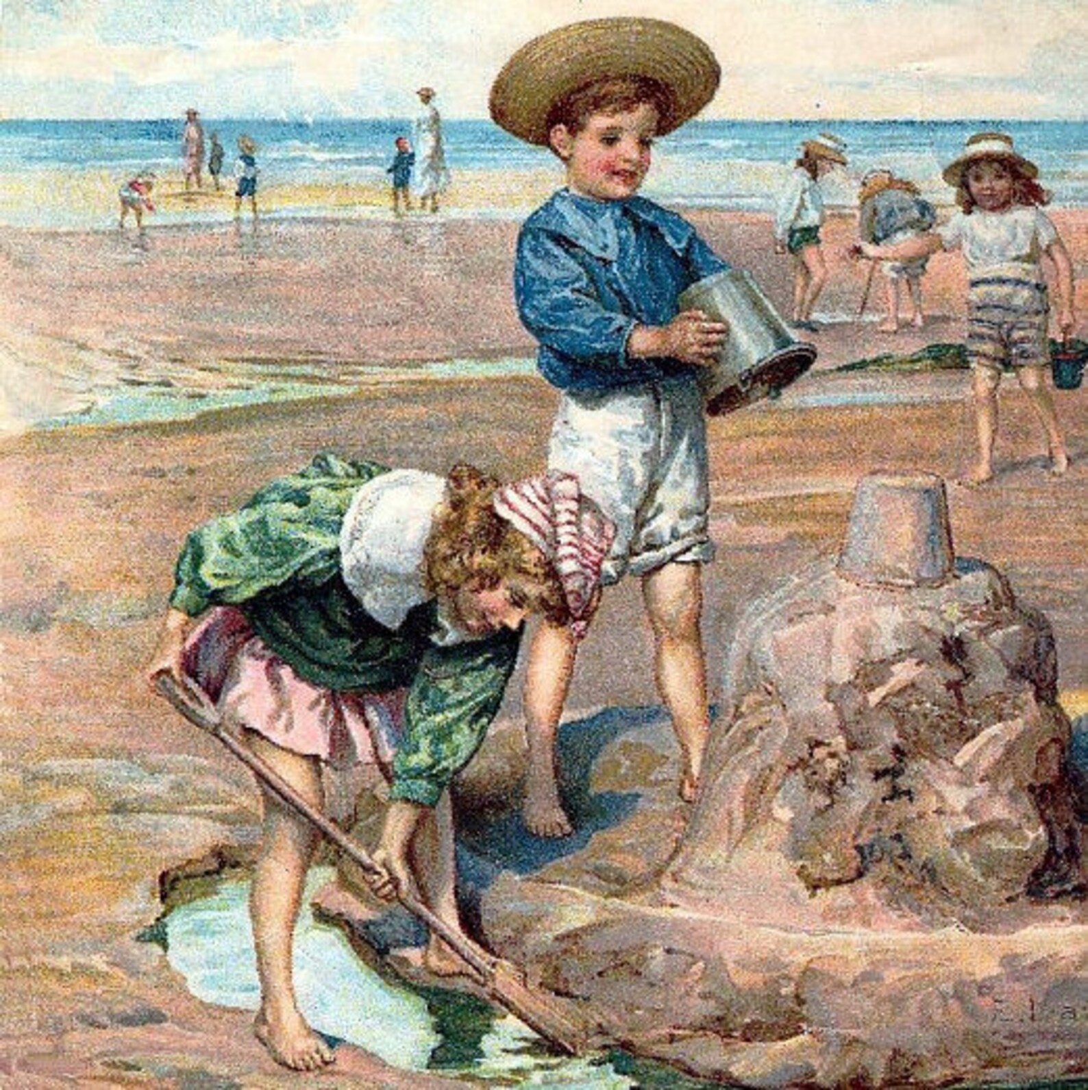 Seascape Beach Children Making Sand Castle Ocean Sand - Etsy
