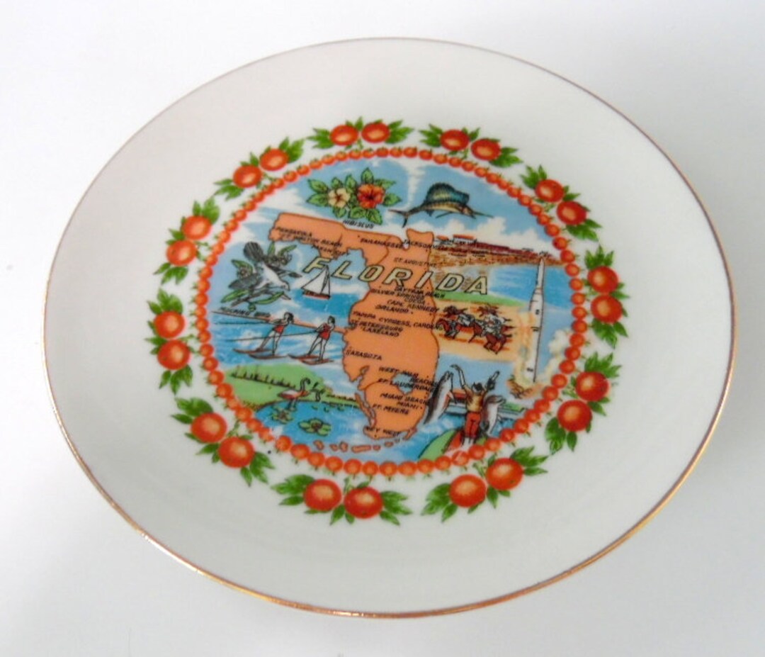 Florida Picture Souvenir Plate, Vintage, Souvenir Plate. Shiny Gold ...