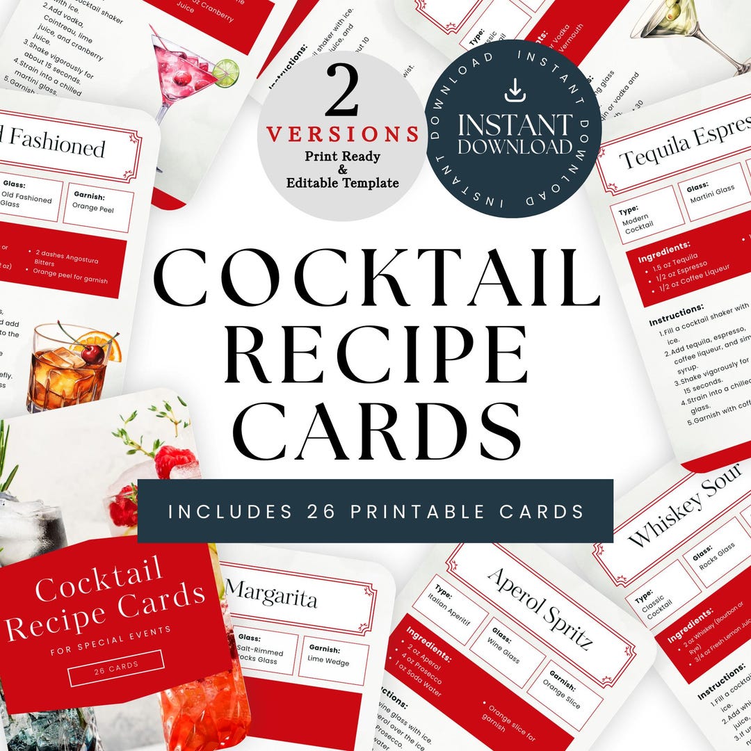 Cocktail Recipe Cards Template, Printable Drink Recipe Cards Set ...
