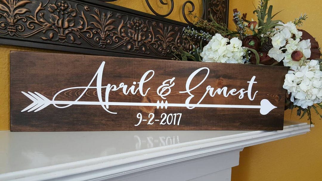 First Names & Heart Arrow Wood Sign Rustic Wedding Gift Couple Sign ...