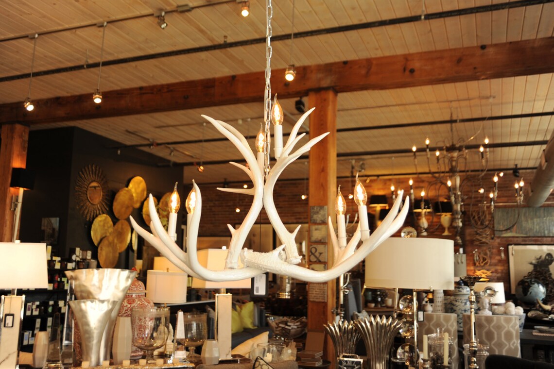 White Real Antler Chandelier, Modern, Mule Deer, High Gloss, Edison ...