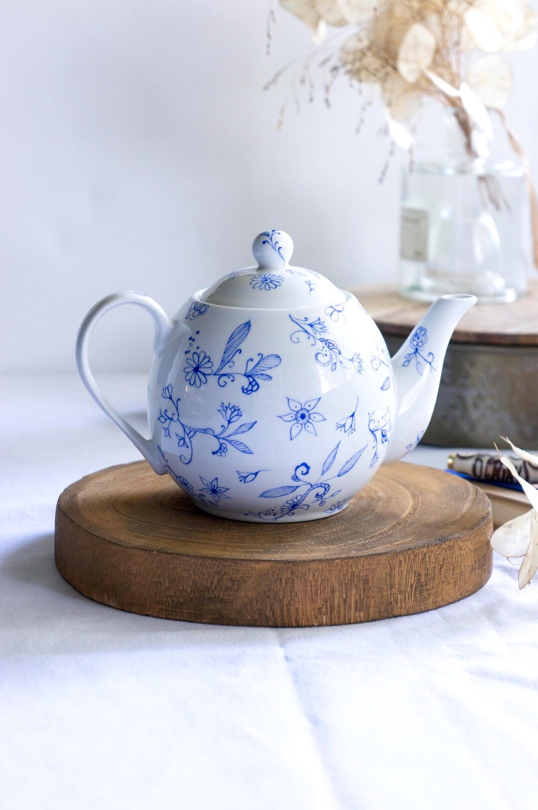 Fine Porcelain Ball Teapot, Blue Abstract Floral Decoration Drawn With ...