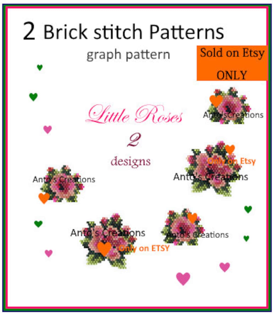 Little Roses, 2 Brick Stitch Patterns (or Peyote Stitch Patterns) 2 ...