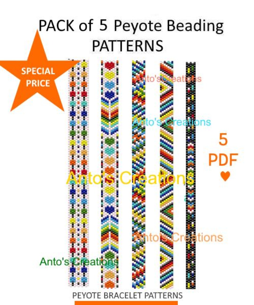 Special PRICE, 5 Beading Patterns, PACK of 5 Beautiful Bracelet ...