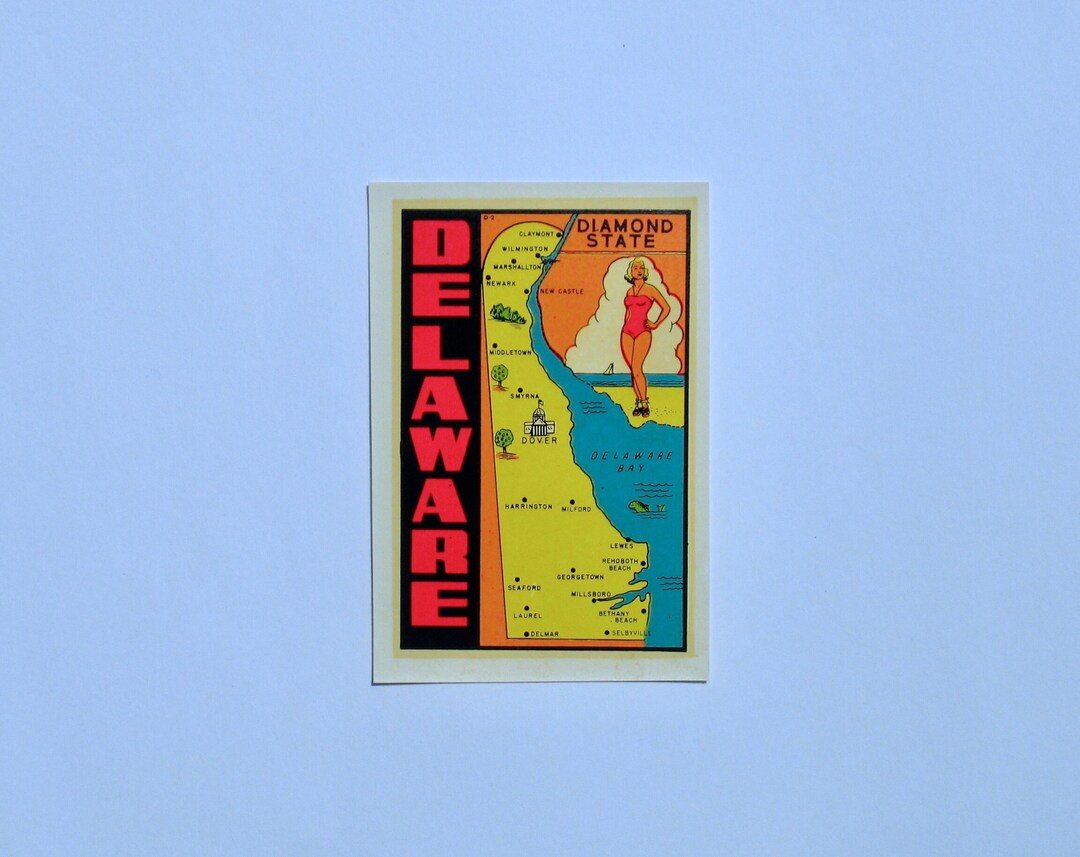 Delaware Map Decal, Neon Orange Pinup Sticker, Midcentury DE Camper Van ...